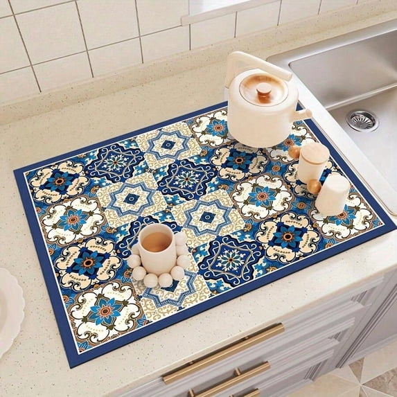 Black Bohemian Floral Diatom Mud Mat - Anti-Slip Quick-Dry Kitchen ...