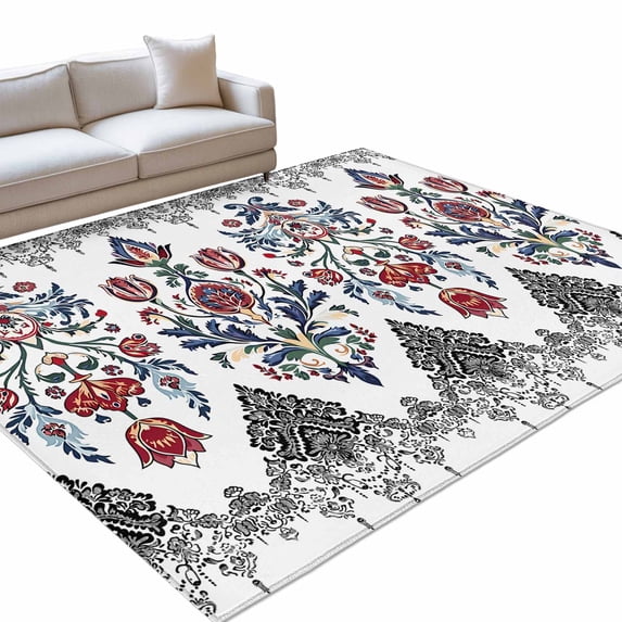 Black Bohemian Flower Area Rug, Tribe Boho Aztec Non-Slip Felt Rubber ...