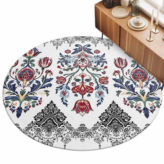 Black Bohemian Flower Area Rug, Tribe Boho Aztec Non-Slip Felt Rubber ...