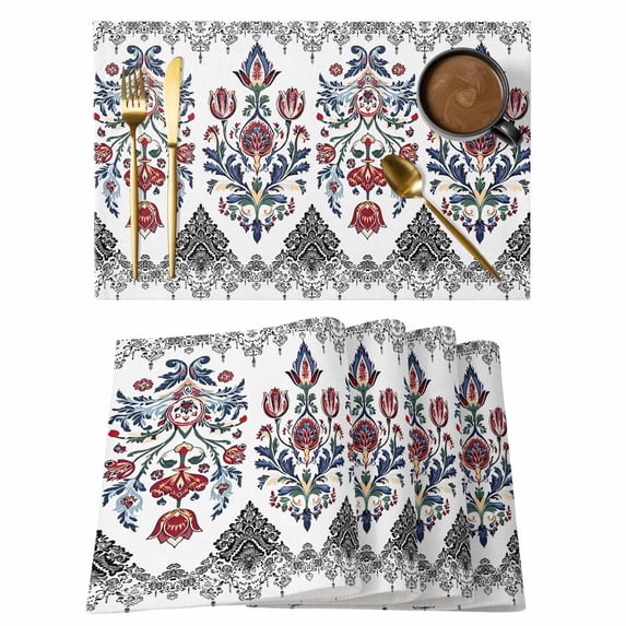 Black Bohemian Flower Cotton Linen Placemats Set of 2, Tribe Boho Aztec ...