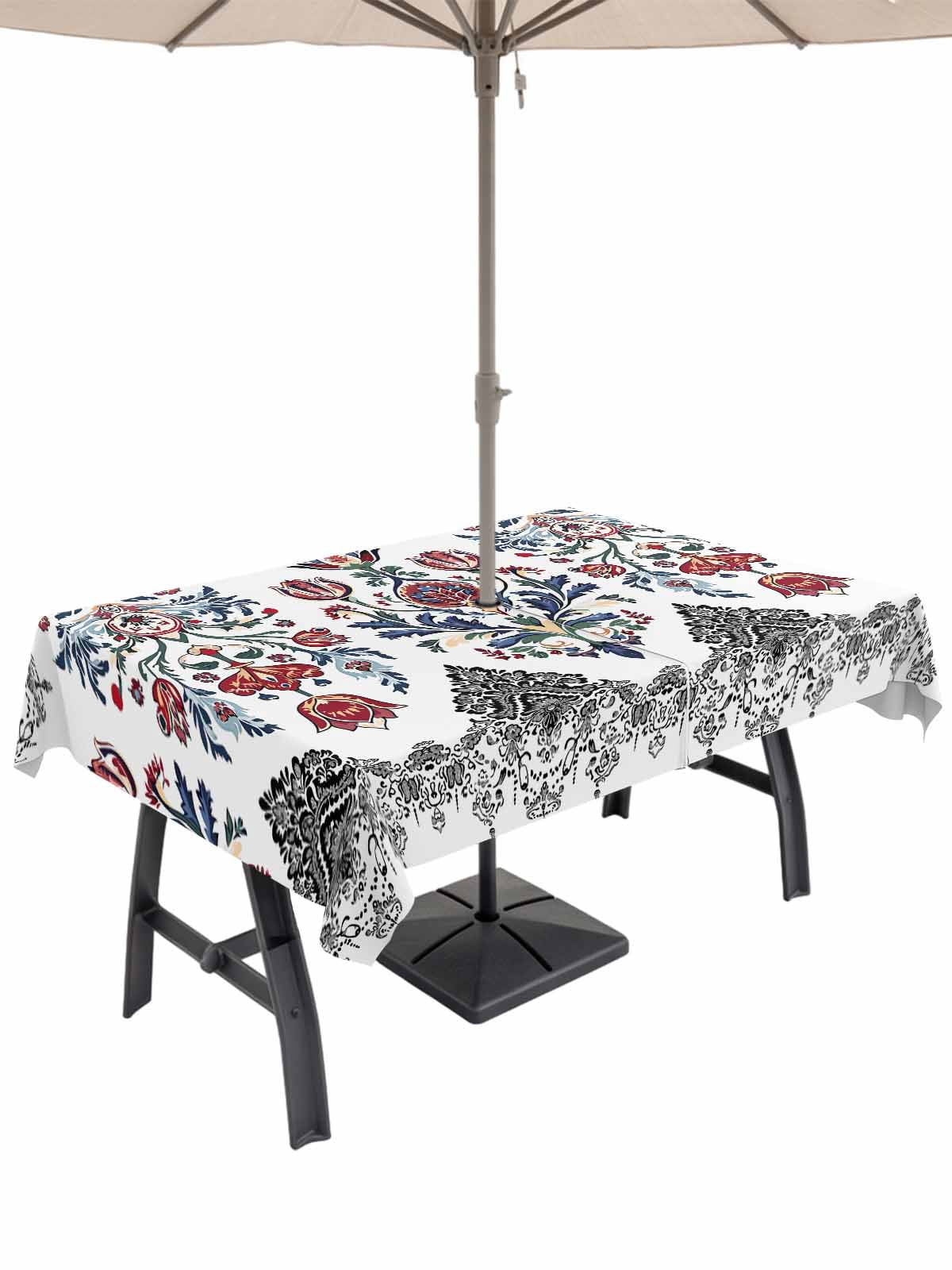 Black Bohemian Flower Rectangle Outdoor Tablecloth with Umbrella Hole ...