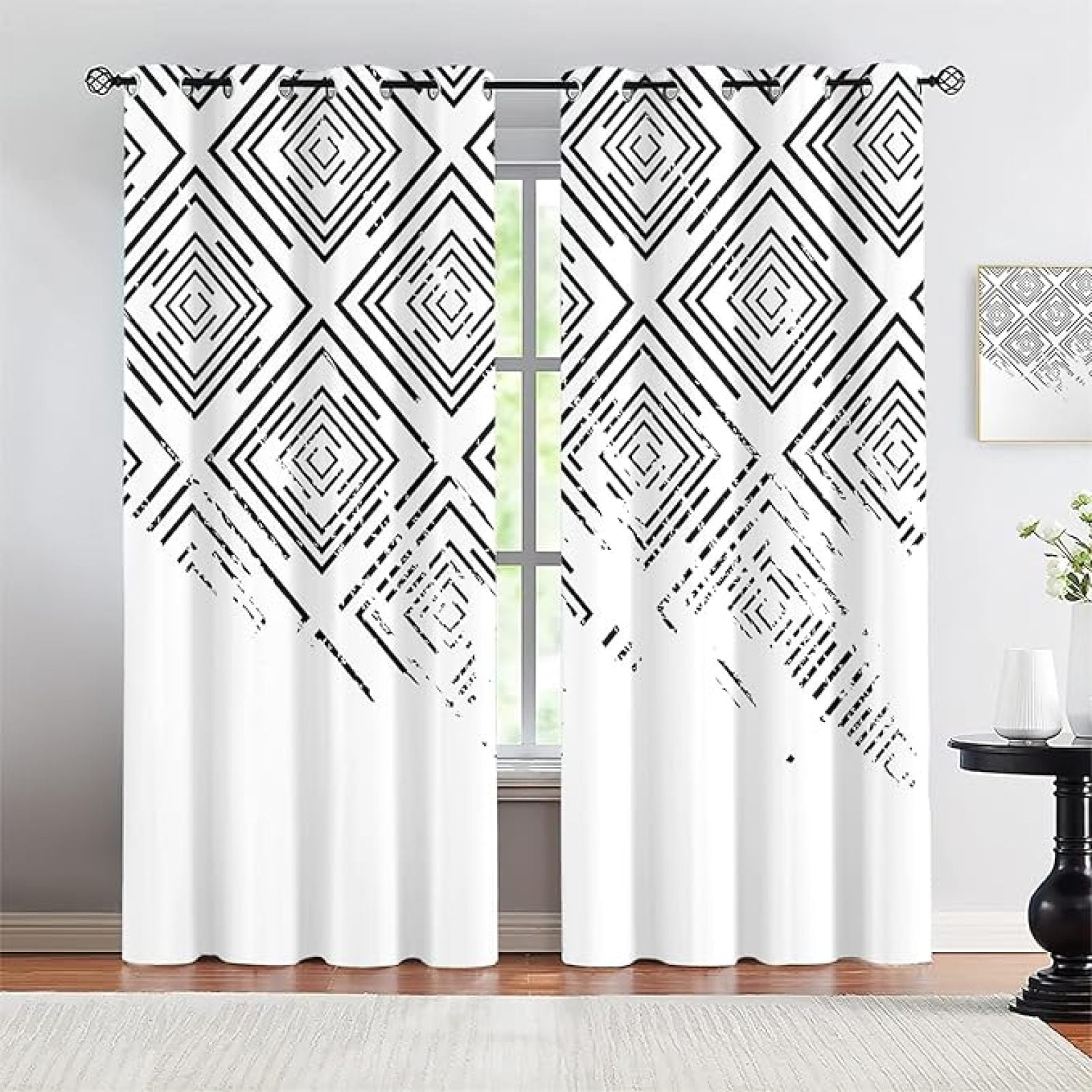 Black Bohemian Geometry Blackout Curtains, Abstract Black And White ...