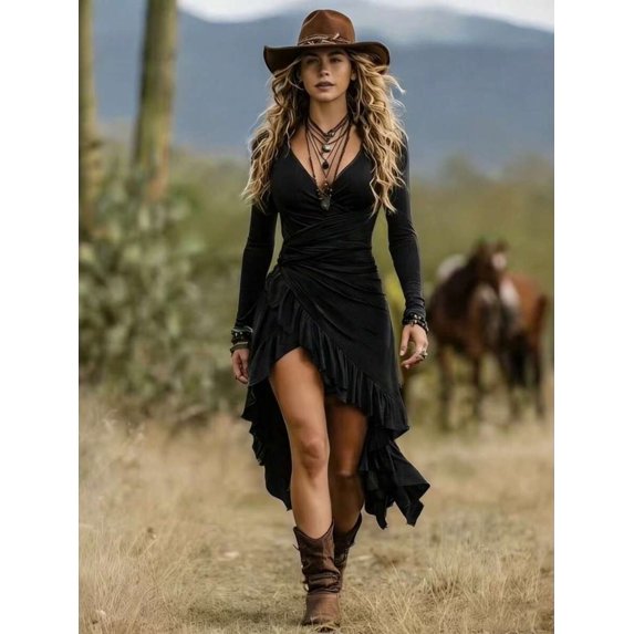 Black Bohemian Wrap Dress With Ruched V-Neck, Long Sleeves And ...