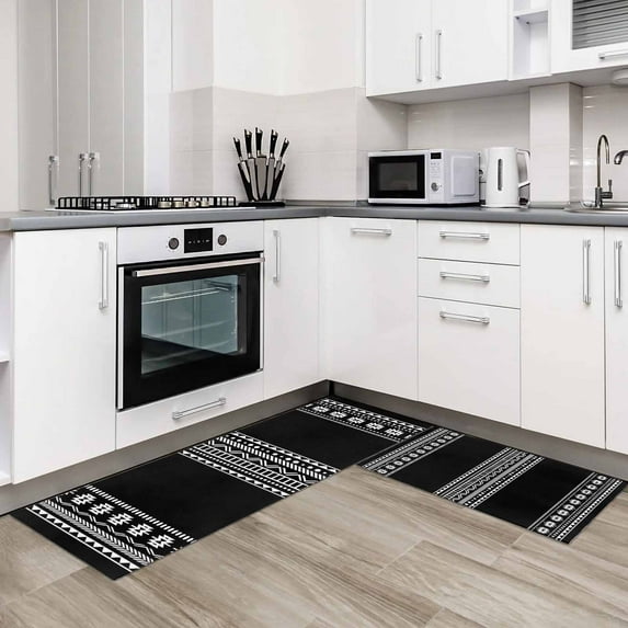 Black Boho 2 Pieces Non-Slip Kitchen Mat Set Vintage Abstract Striped ...