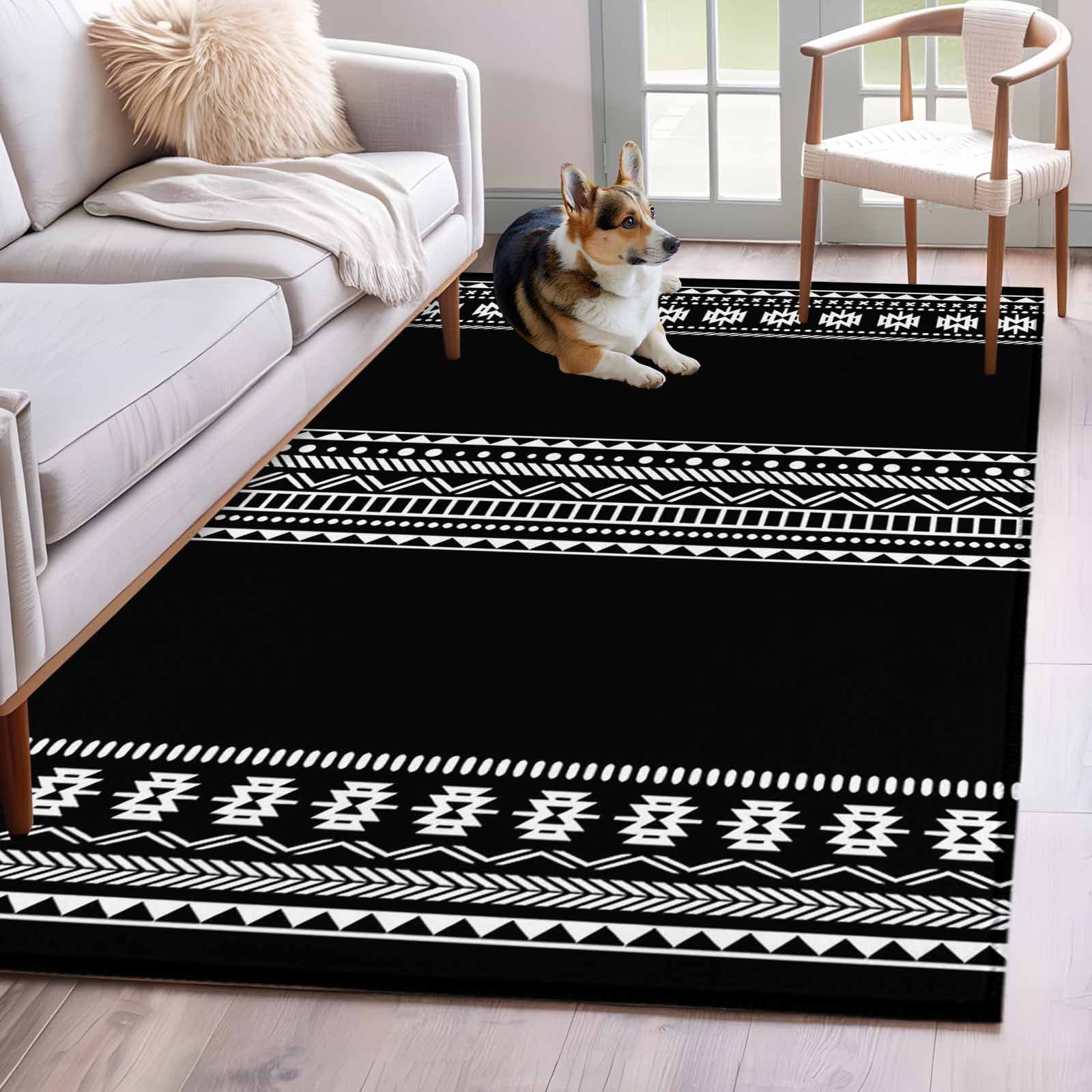 Black Boho Area Rug 3x5 Washable Rug Non Slip Vintage Abstract Striped ...