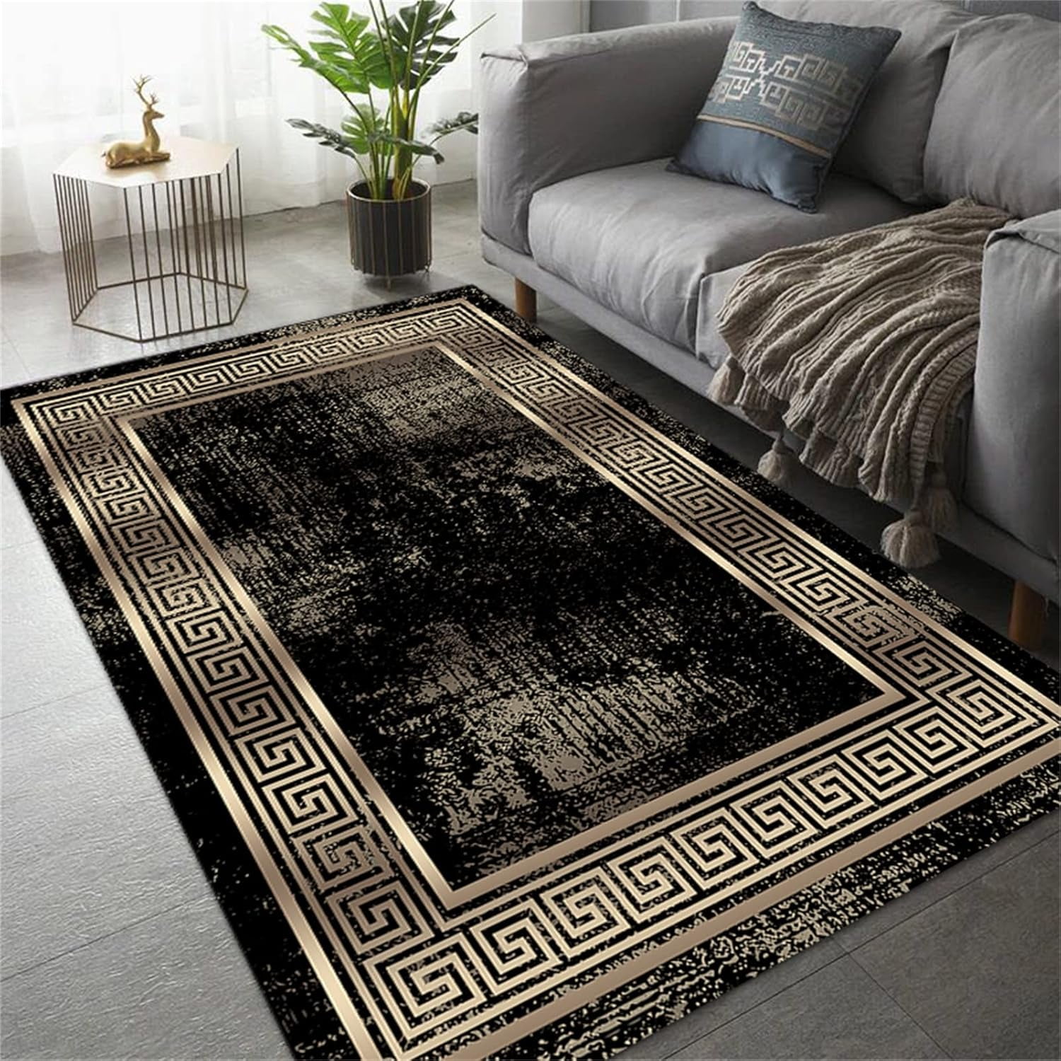 Black Boho Area Rugs, Gold Geometric Lace Carpet, Distressed Carpet ...