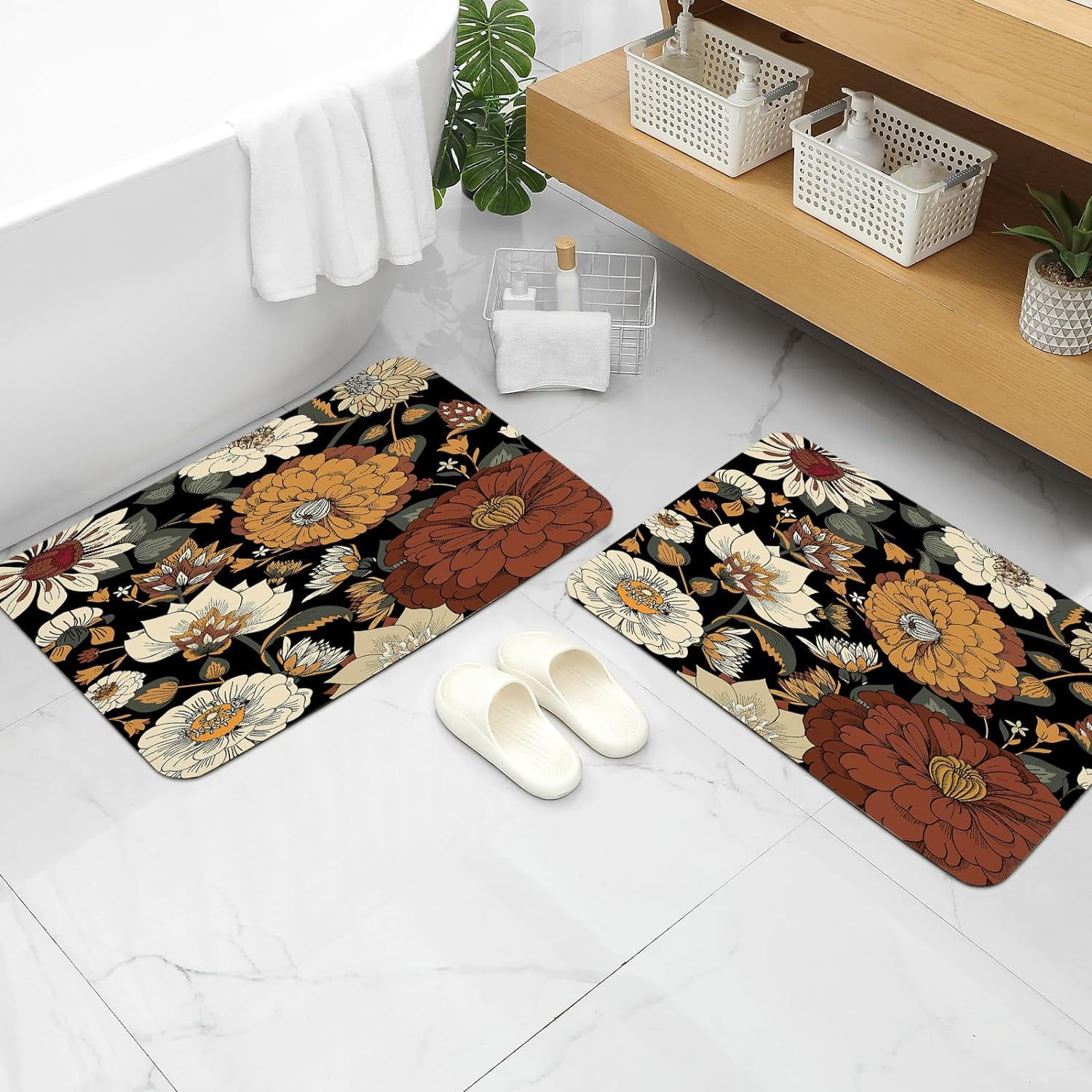 Black Boho Bathroom Runner Rugs - 2 Pieces 20" x 32", Bohemia Floral ...