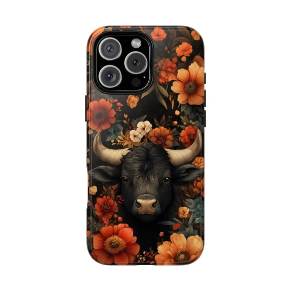 Black Boho Bull Orange Flower Art Phone Case for iPhone 17 to 11 Pro ...