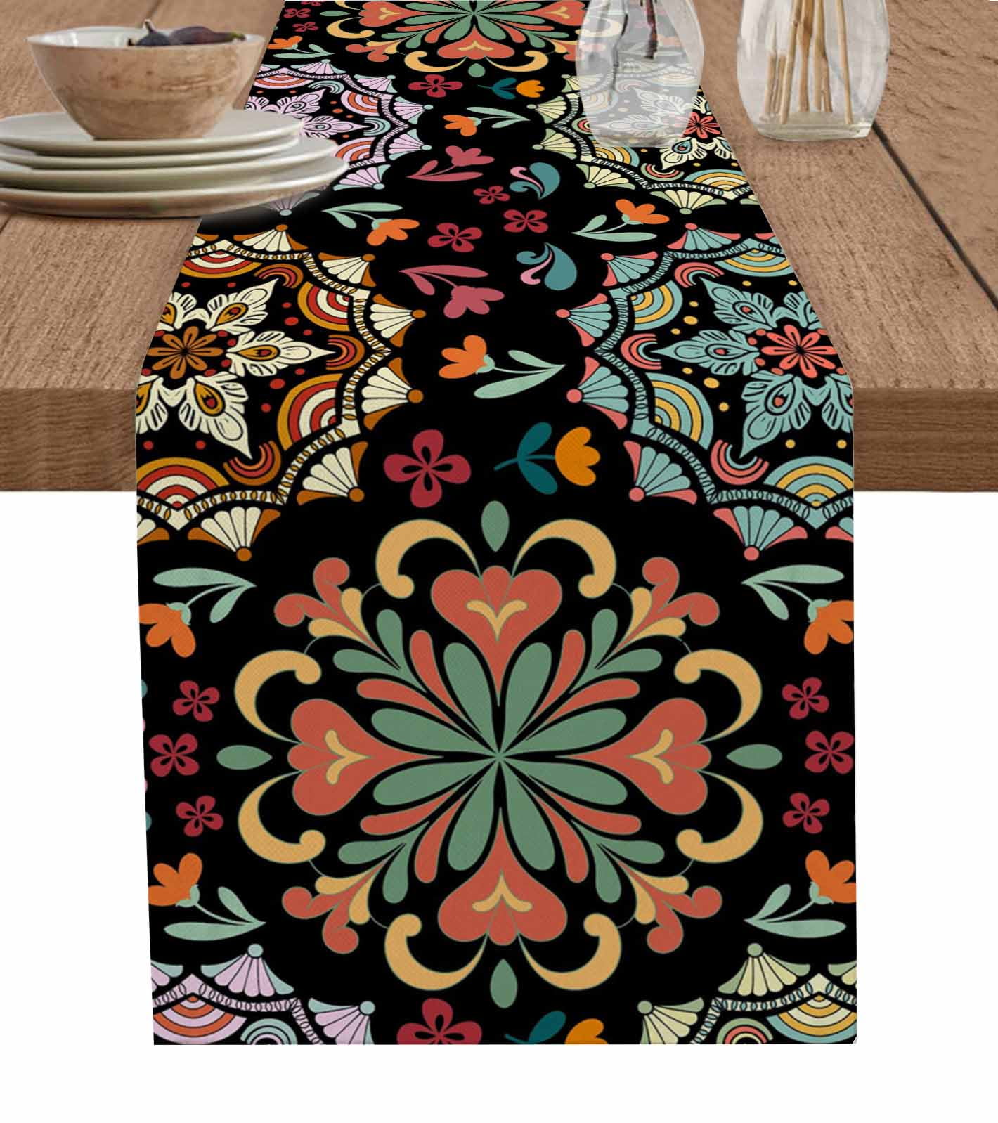 Black Boho Burlap Cotton Table Runner 13x72 Inches Long, Ethnic Country ...