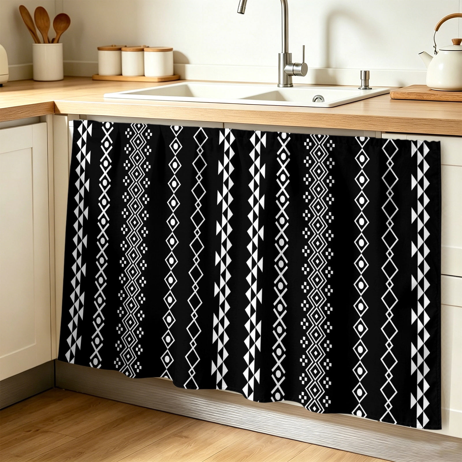 Black Boho Cabinet Curtains for Shelves, Ethnic Tribe Striped Vintage ...