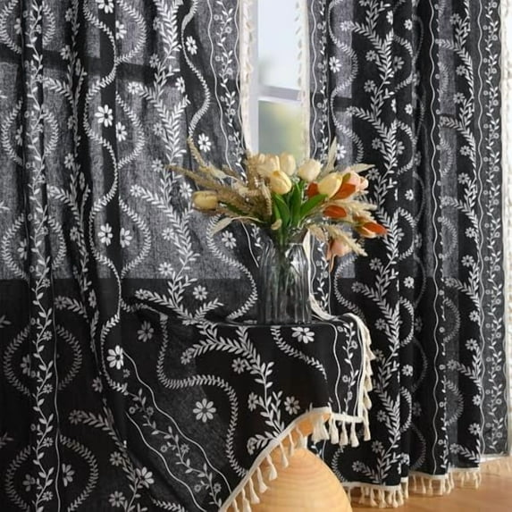 Black Boho Curtains 96 Inch Length Linen Curtains for Living Room 2 ...
