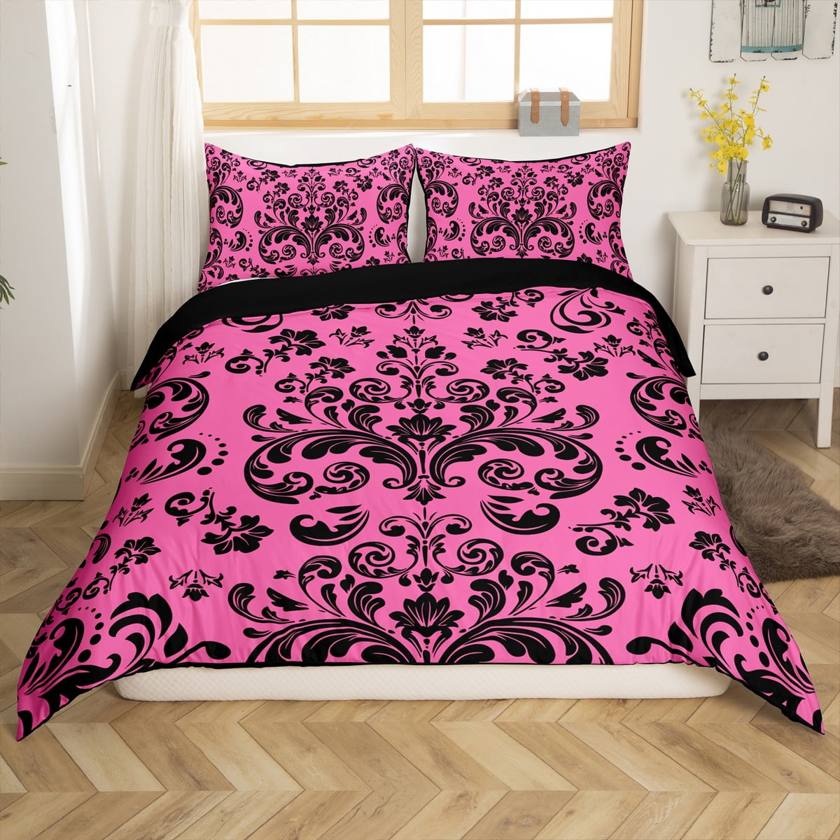 Black Boho Damask Comforter Cover Pink Baroque Floral Gothic Twin ...