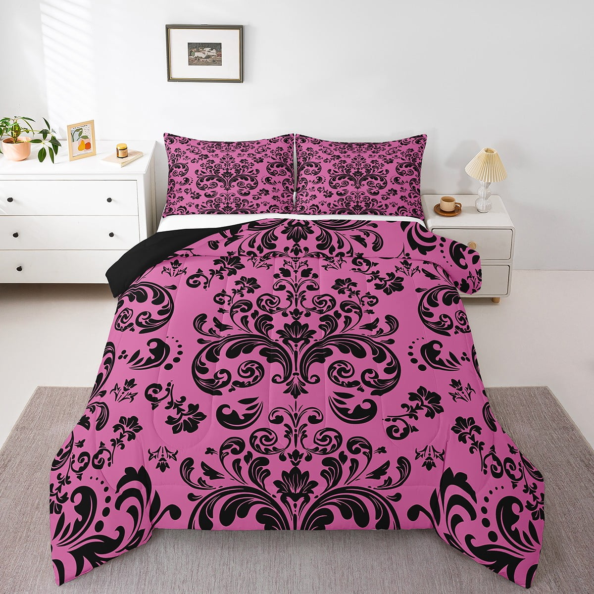 Black Boho Damask Comforter Set Pink Baroque Floral Gothic Bedding Set ...