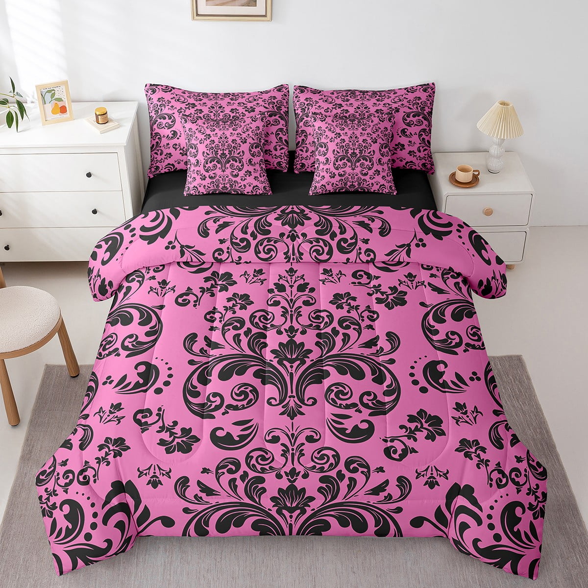 Black Boho Damask Full Comforter Set 7 Piece Pink Baroque Floral Gothic ...