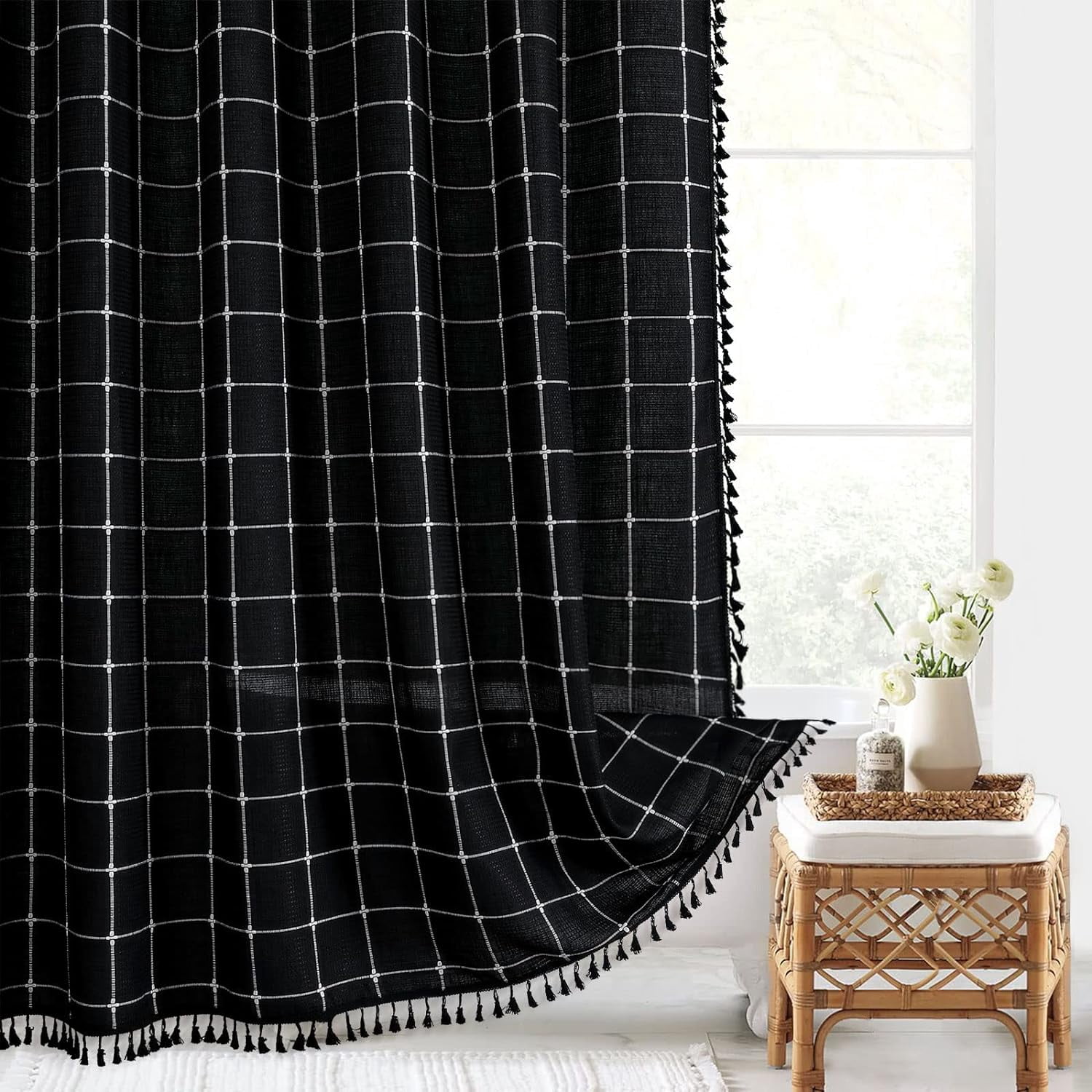 Black Boho Farmhouse Shower Curtain with Tassels, Rustic Cottagecore ...