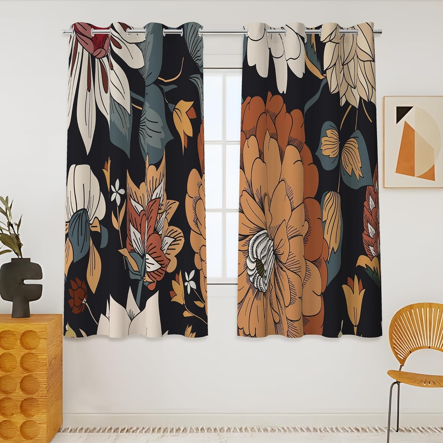 Black Boho Floral 100% Blackout Curtains 45 Inch Long 2 Panels Mid ...