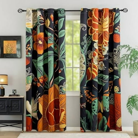 Black Boho Floral 100% Blackout Curtains for Bedroom 96 inch Long 2 ...