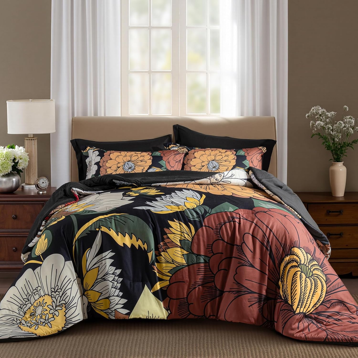 Black Boho Floral Comforter Set - 2 count Farmhouse Botanical Bedding ...