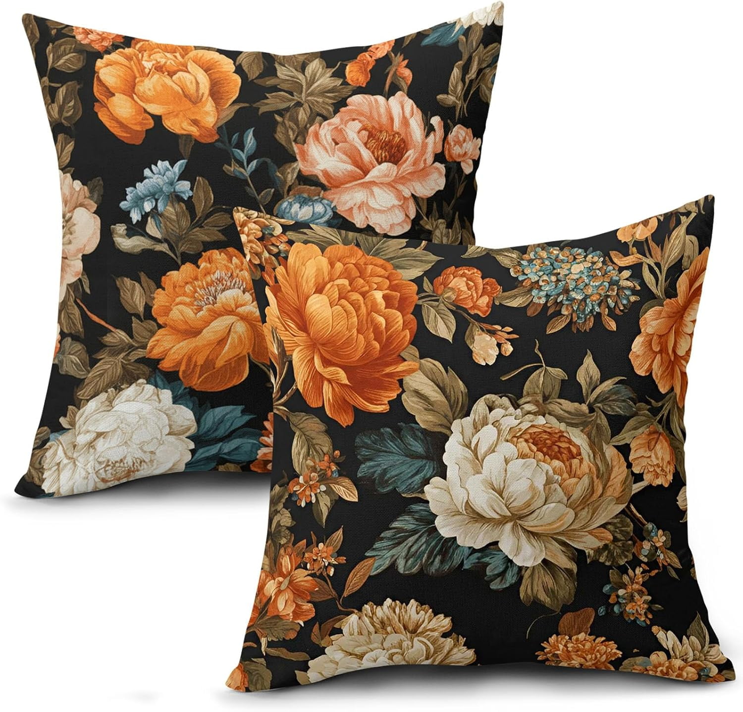 Black Boho Floral Pillow Covers 16X16 Inch Set of 2 Vintage Orange ...