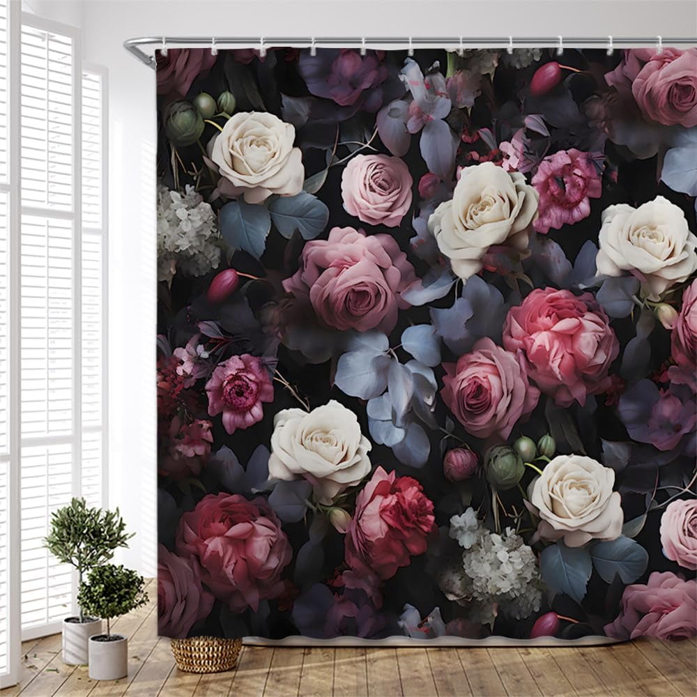 Black Boho Floral Shower Curtain - 35Wx70H Inch Vintage Pink Rose Peony ...