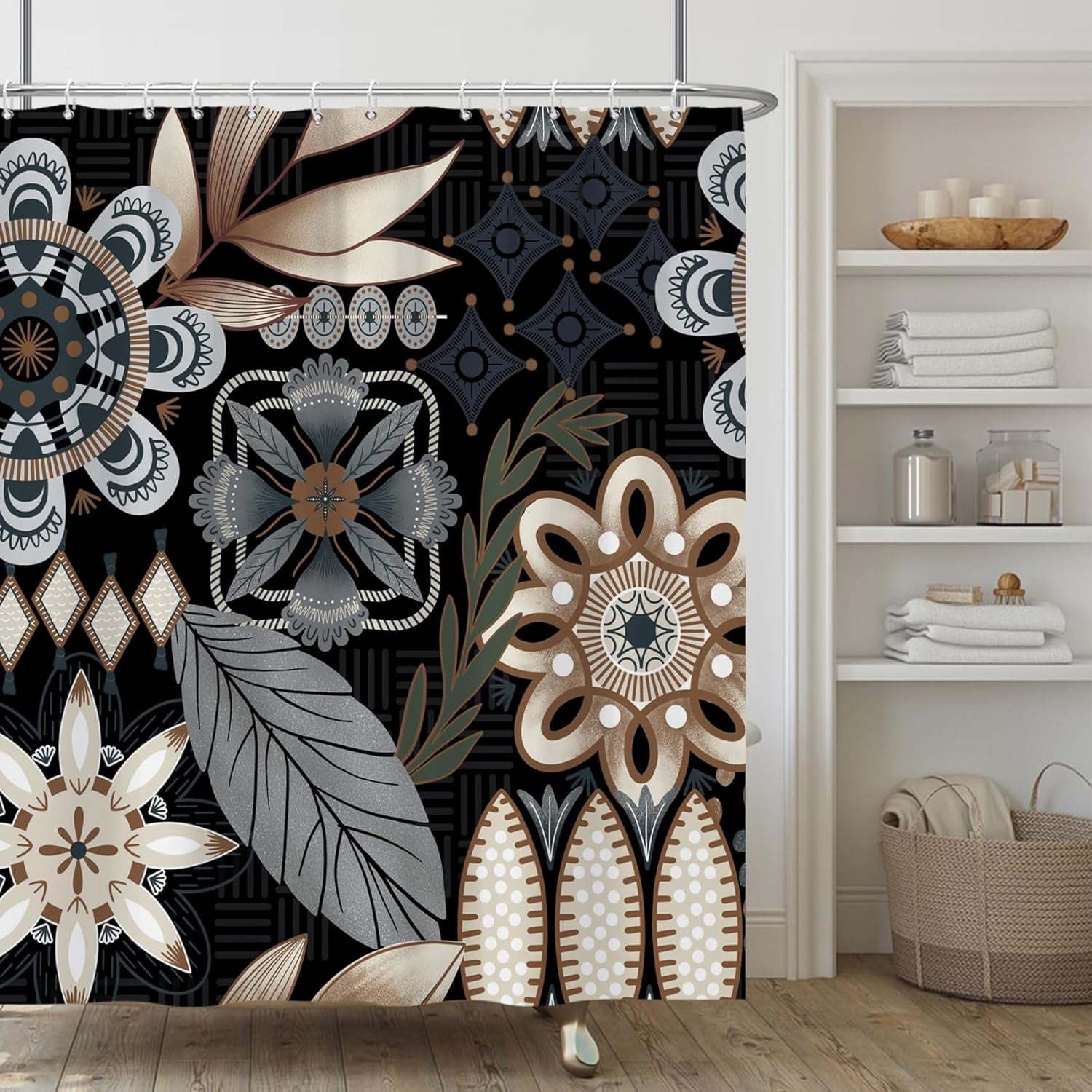 Black Boho Floral Shower Curtain,Vintage Bohemian Flower Shower Curtain ...