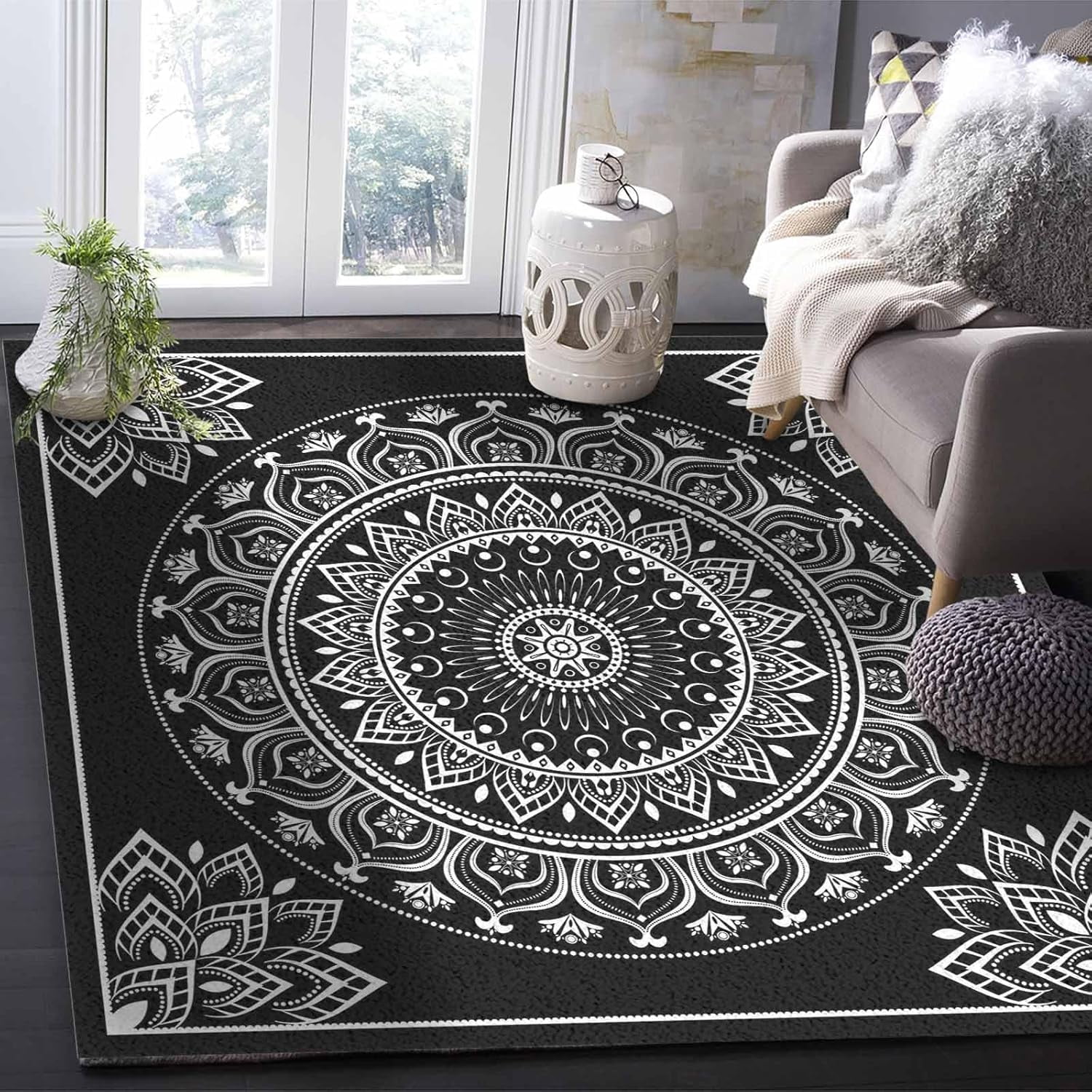 Black Boho Flower Area Rugs Indoor Non-Slip Washable Rug Bohemian ...