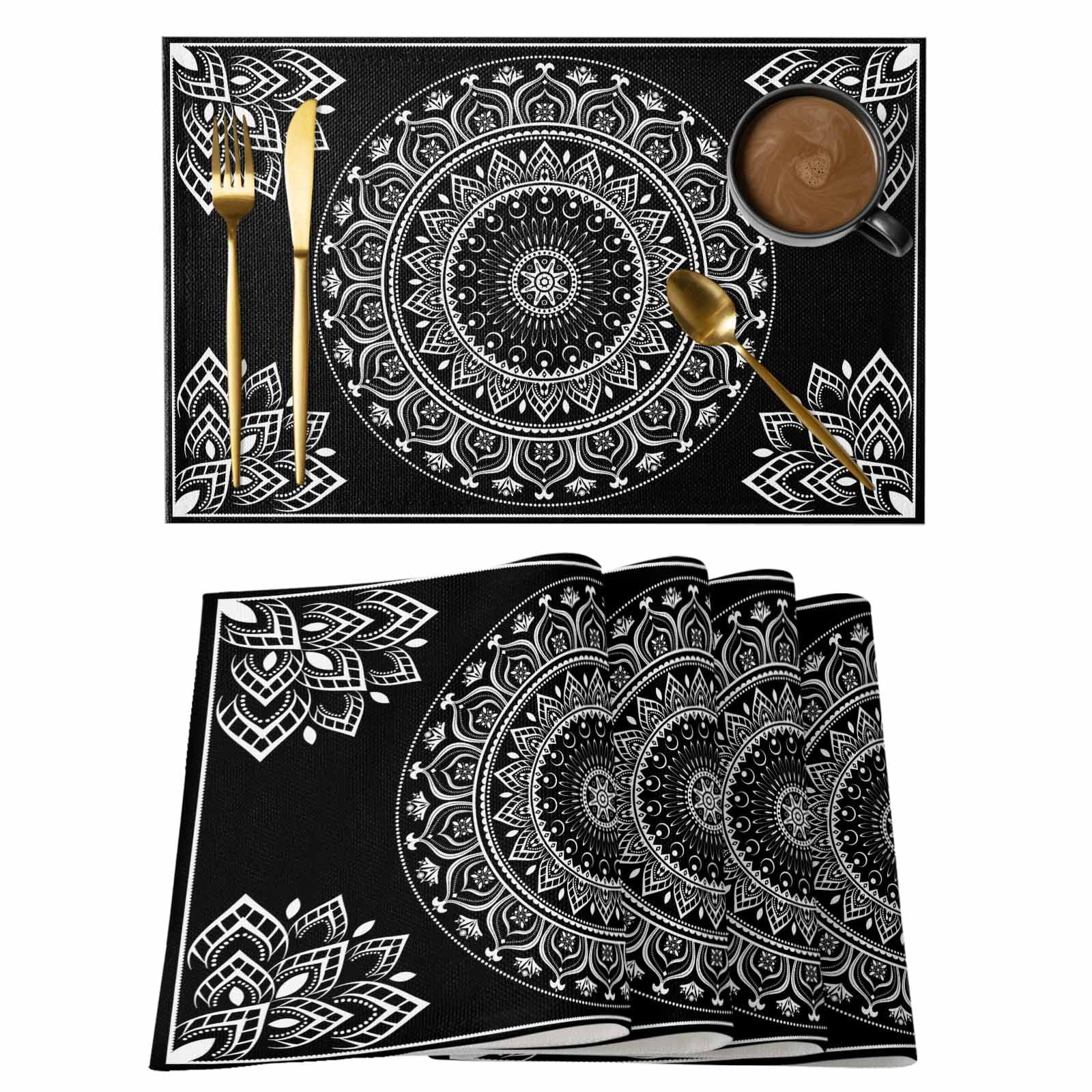 Black Boho Flower Cotton Linen Placemats Set of 1, Bohemian Flowers ...