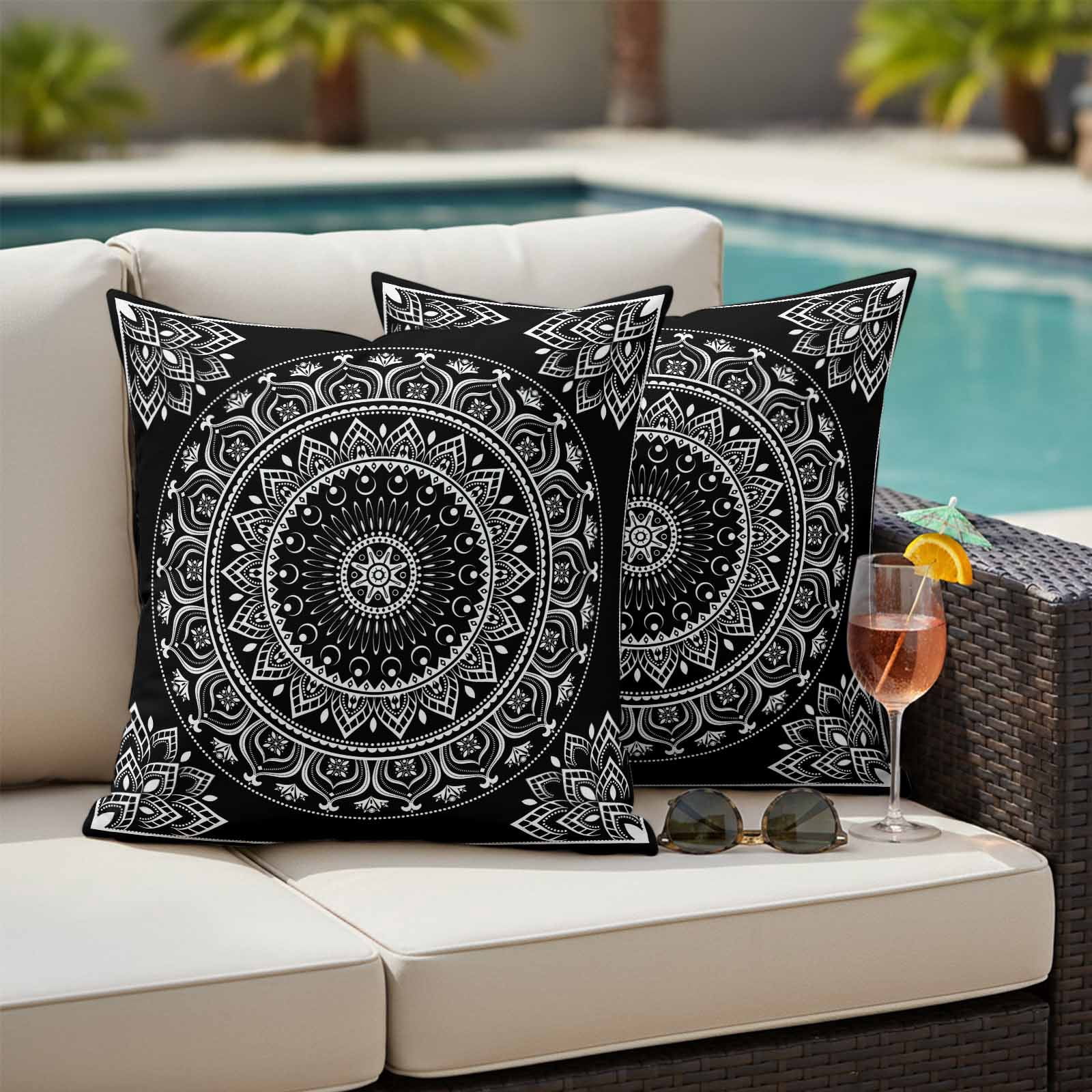 Black Boho Flower Outdoor Waterproof Throw Pillow Covers Set of 2, 18 ...
