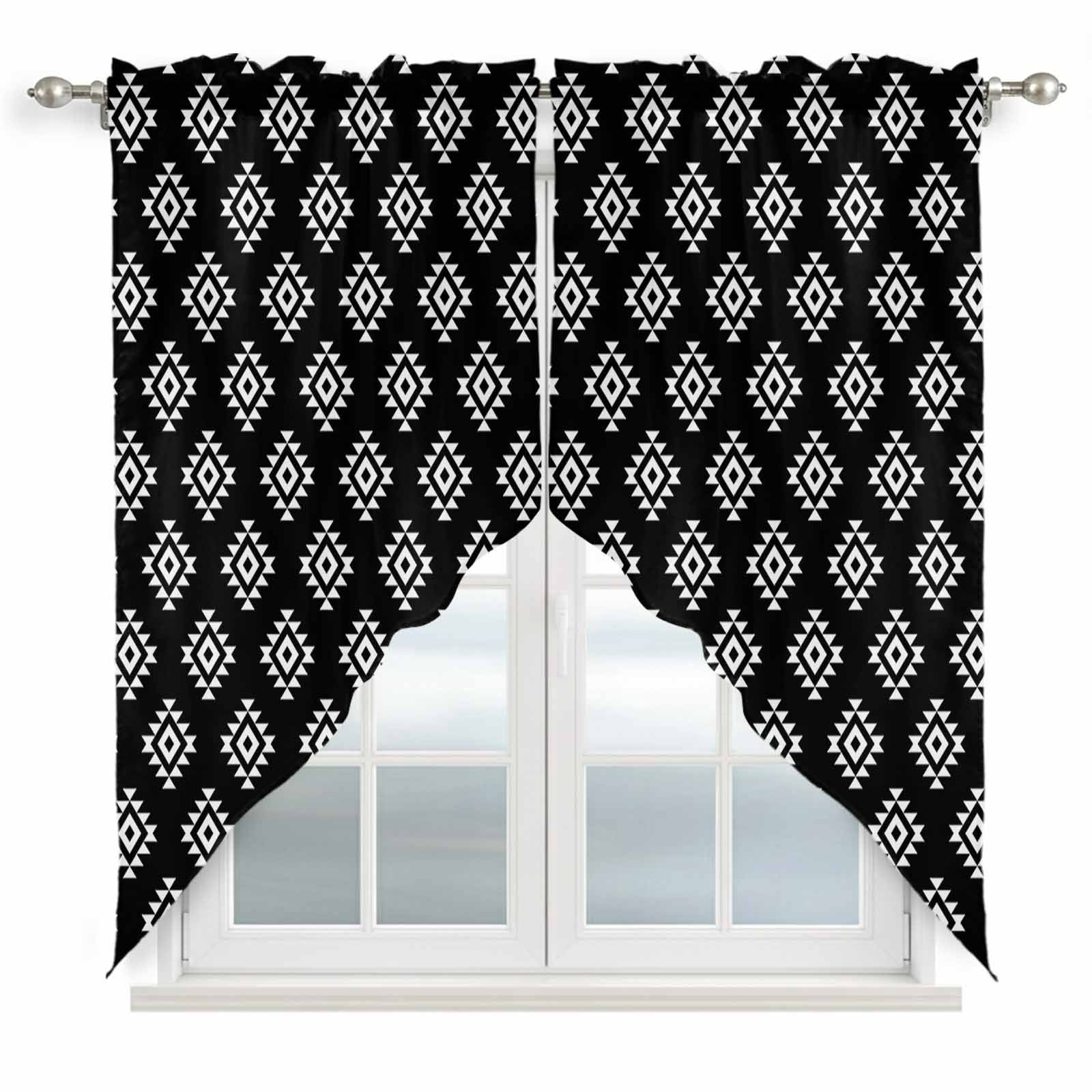 Black Boho Geometric Swag Curtains Retro Simple Ethnic Abstract Motifs ...