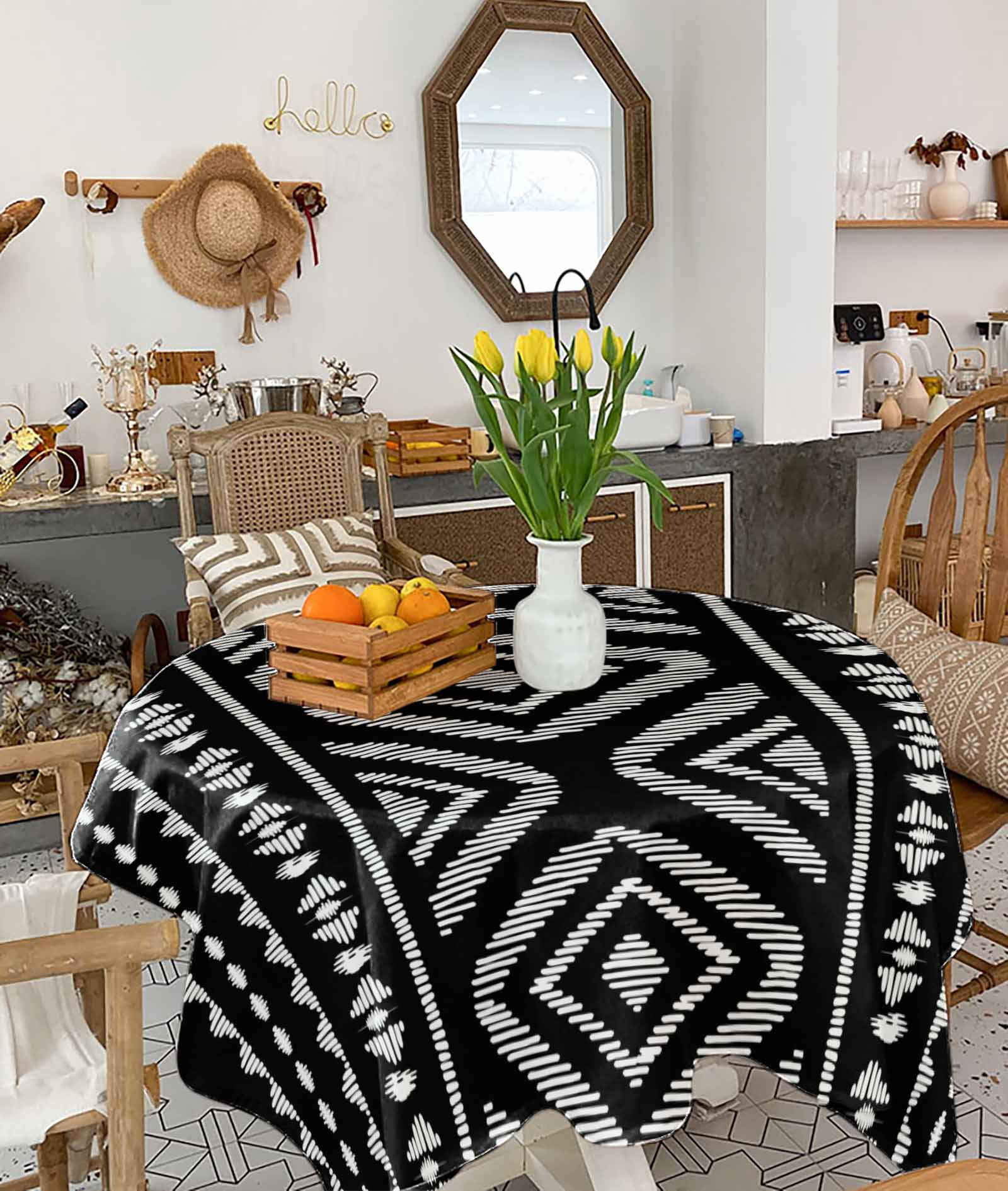 Black Boho Geometric Tablecloth Square Table Cloth 54x54, Waterproof ...