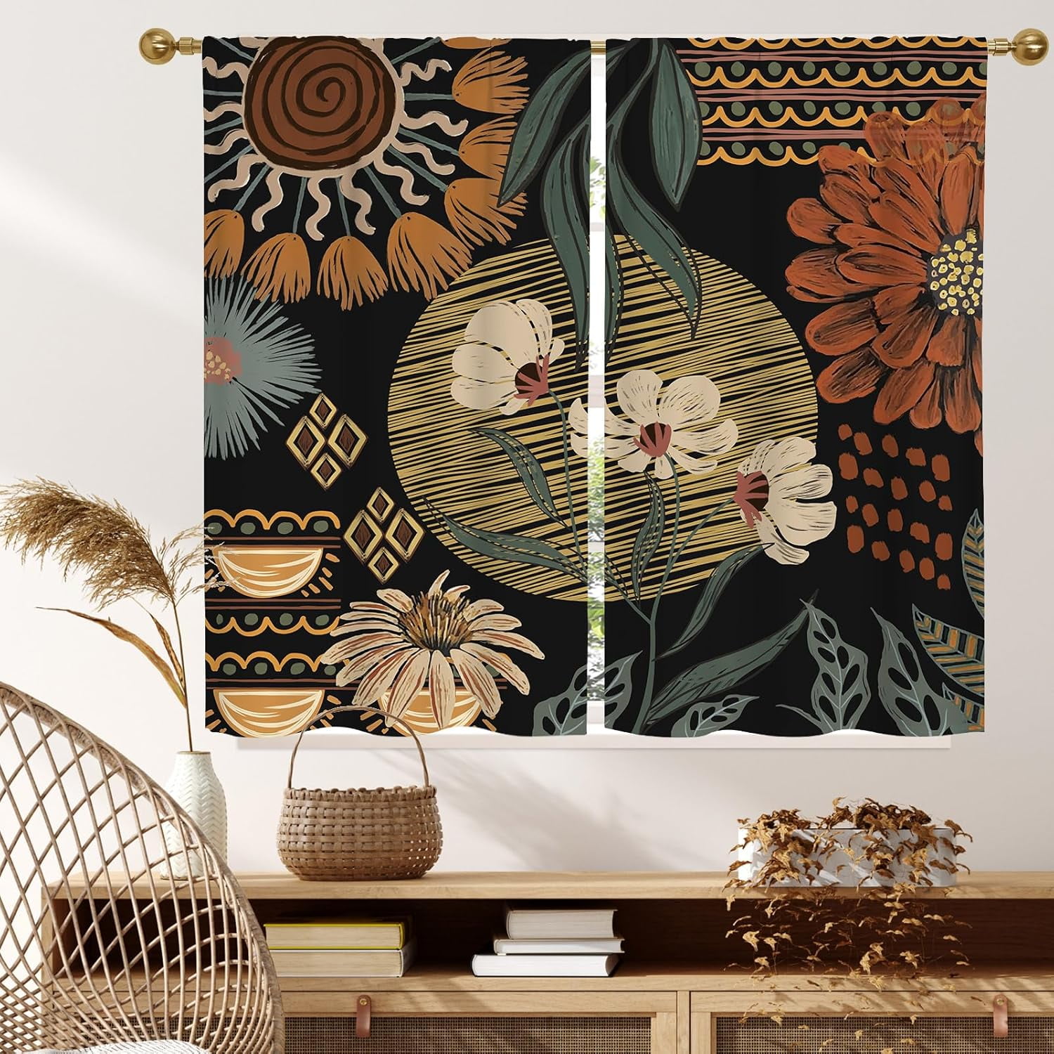 Black Boho Kitchen Curtains 39 inch Length, Bohemia Short Curtains for ...