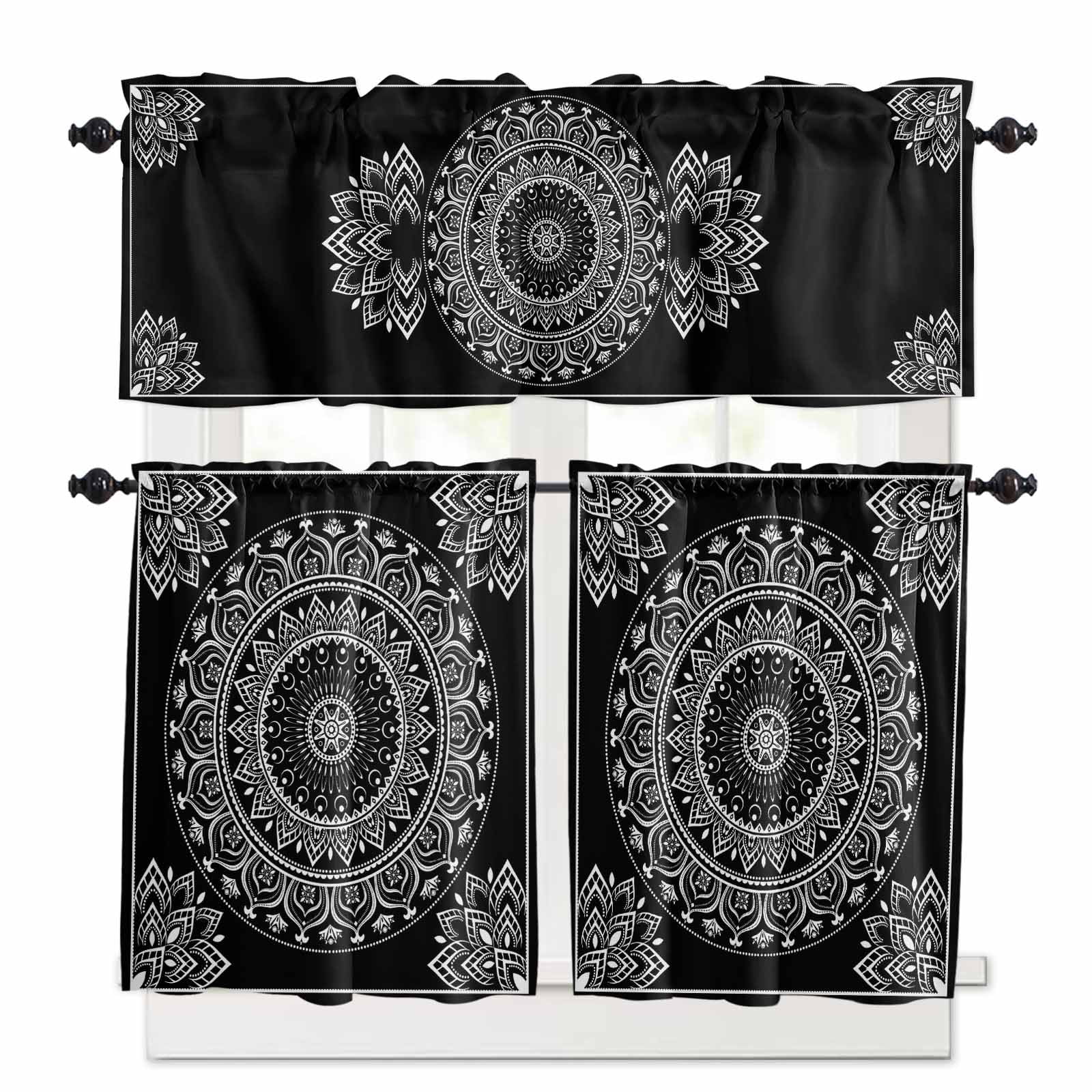 Black Boho Kitchen Curtains Set for Windows 3 Pieces,36 Inch Length ...