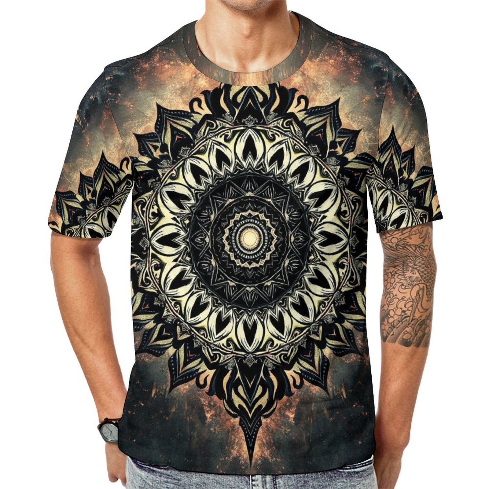 Black Boho Mandala Men's Vintage Summer T-Shirt Fashion O Collar Short ...