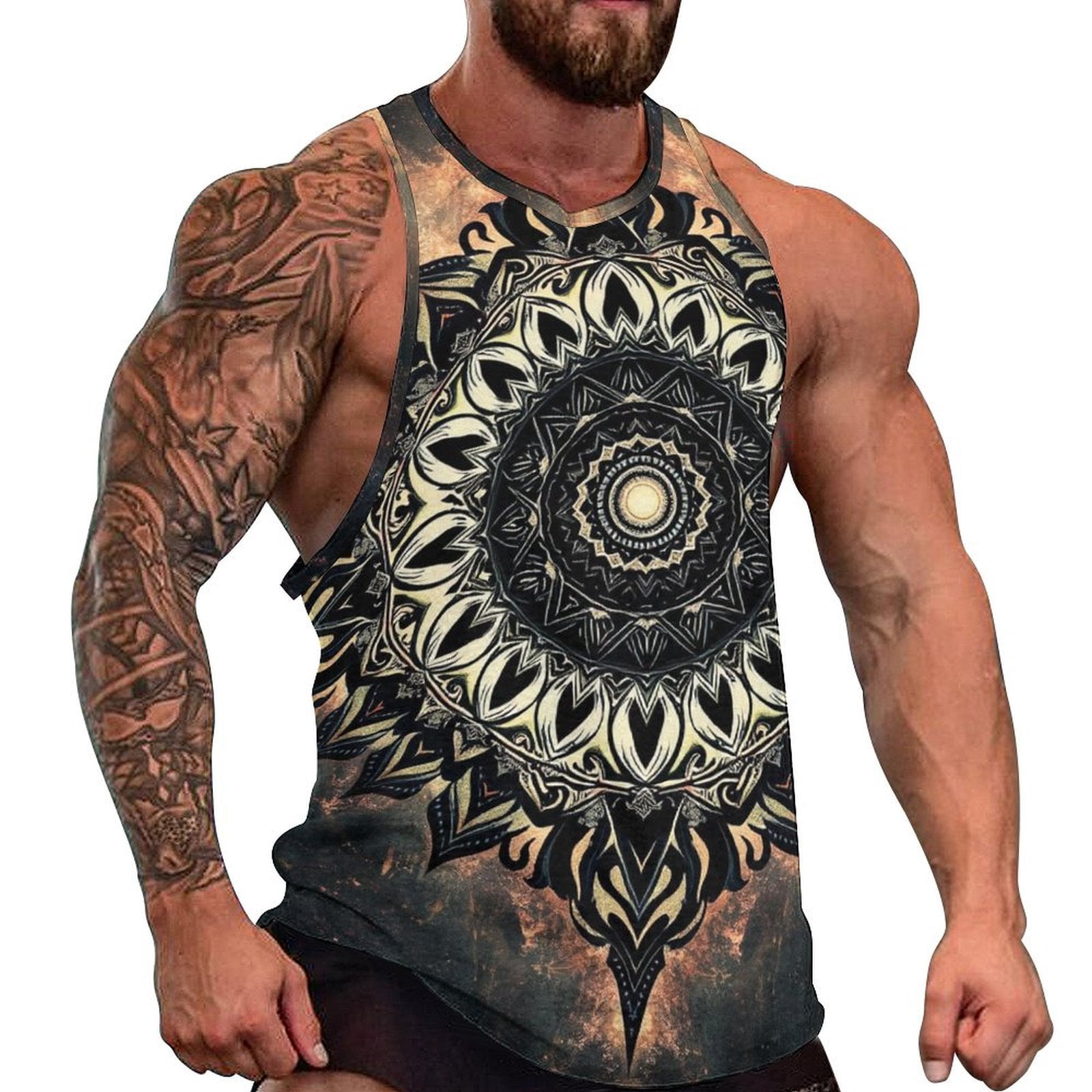 Black Boho Mandala Sleeveless Sports Men's Tank Top Holiday Round Neck ...