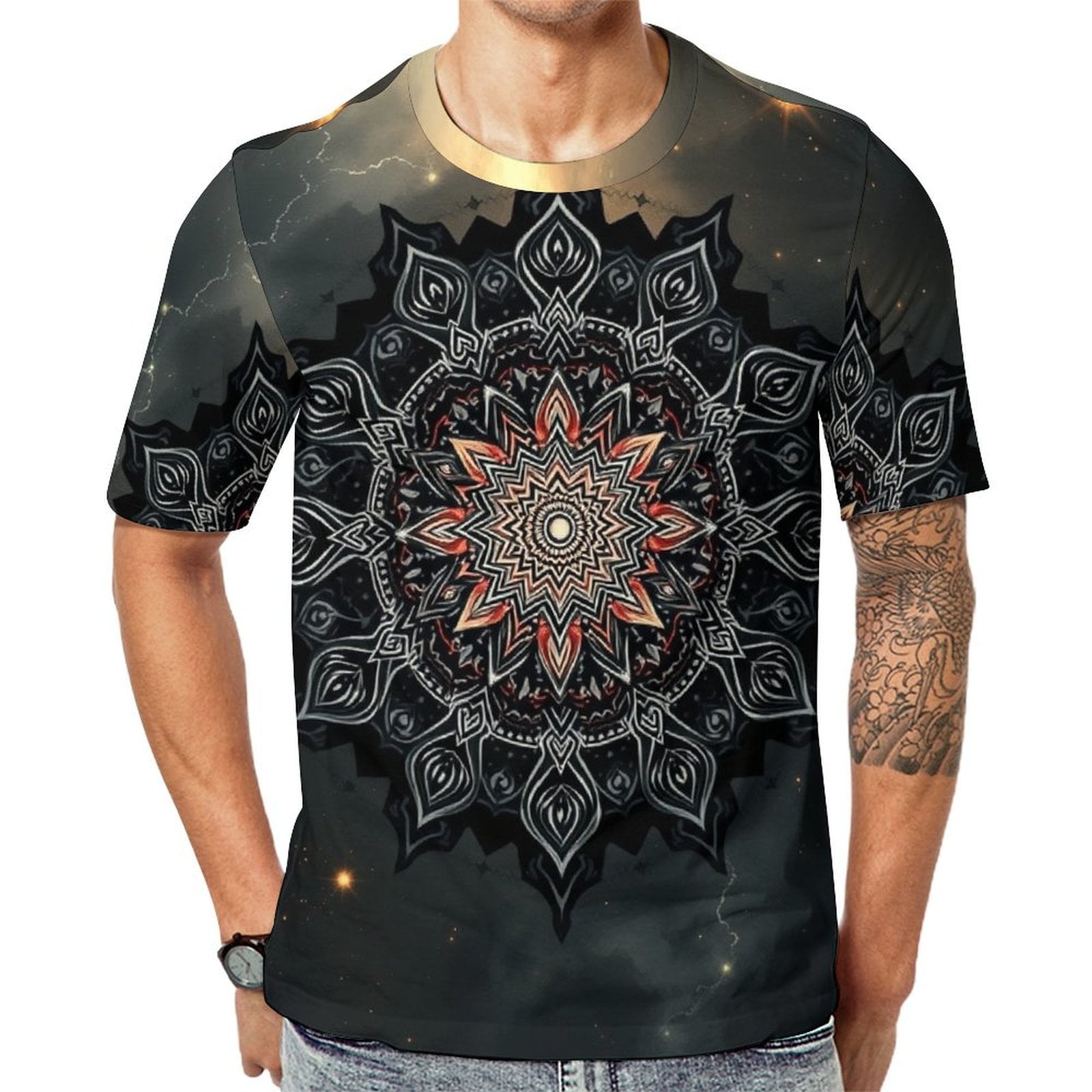 Black Boho Mandala T Shirt For Men Summer Casual Round Neck Short ...