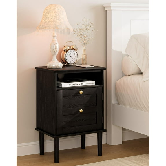 Black Boho Nightstand with 1 Drawer, Modern Side Accent Table with Open ...