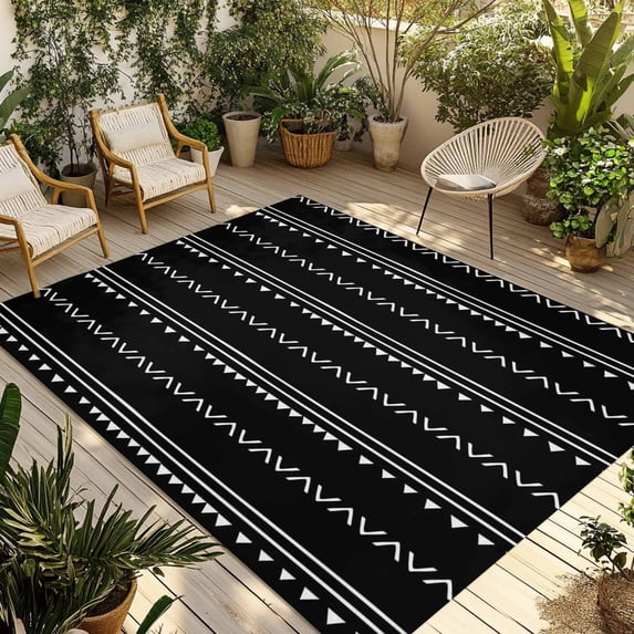 Black Boho Outdoor Rug, Geometric Non-Slip Area Rugs Carpet Breathable ...