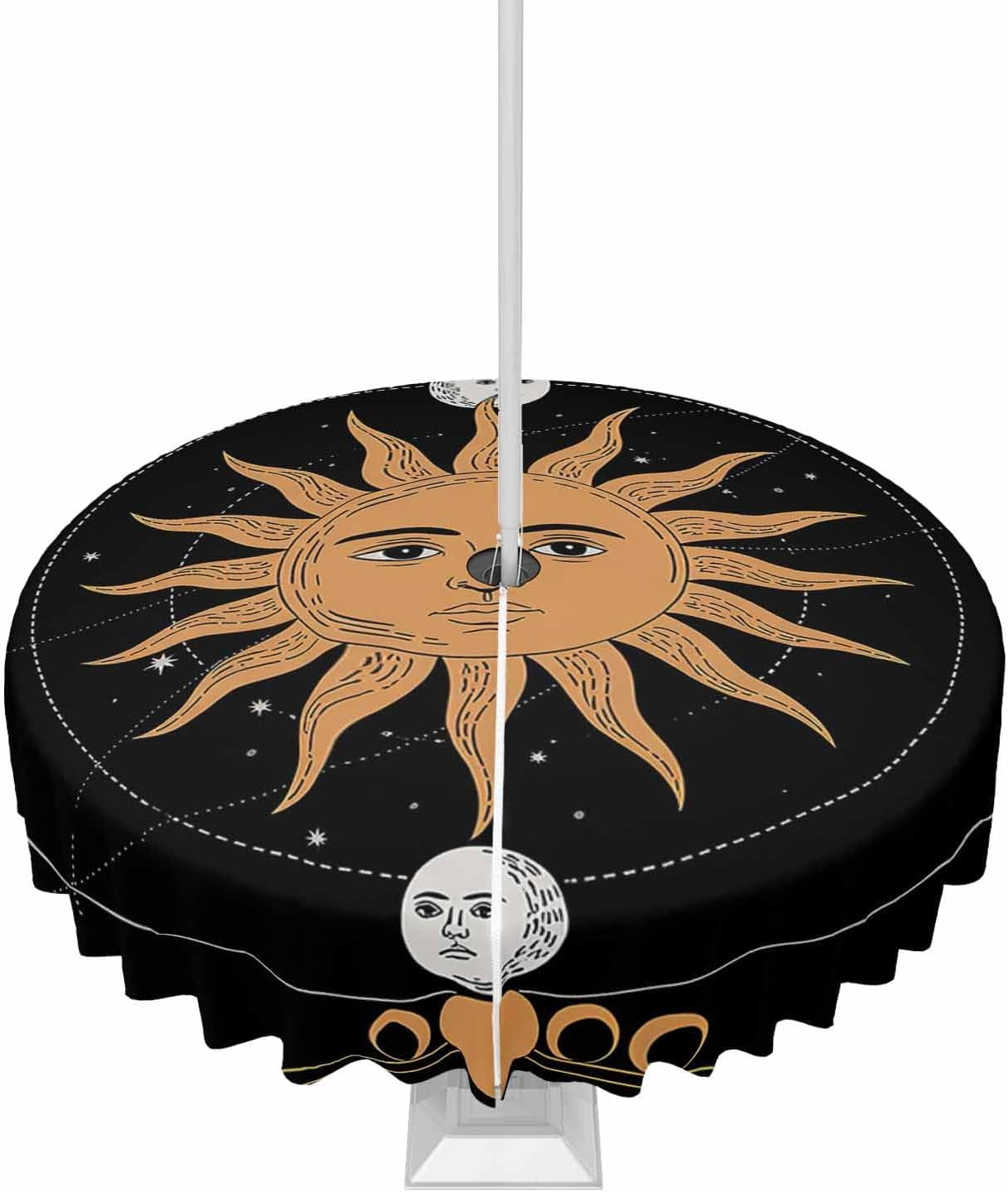 Black Boho Outdoor Tablecloth with Umbrella Hole Round, Modern Abstract ...