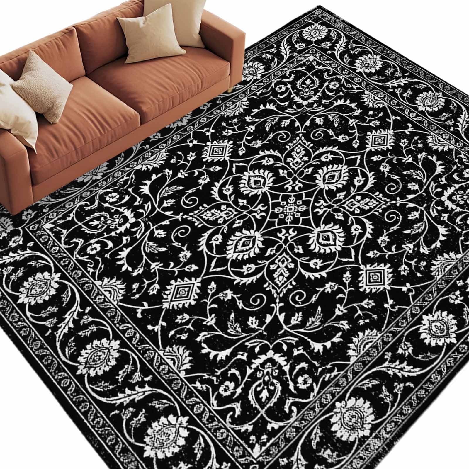 Black Boho Paisley Washable Living Room Rugs 5'x7', Vintage Floral ...