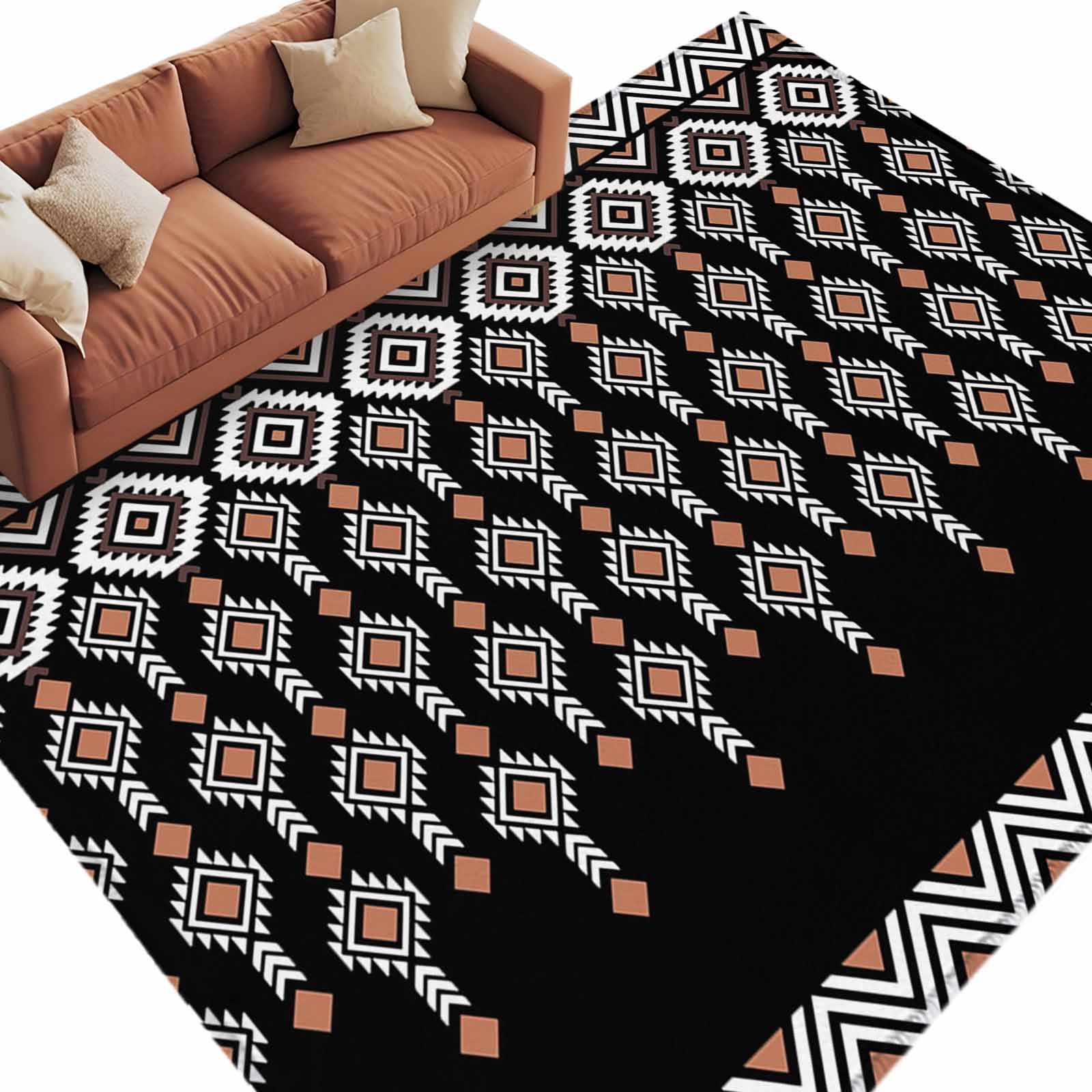 Black Boho Rhombus Area Rug 8x10 Washable Rug Non Slip Abstract Art ...