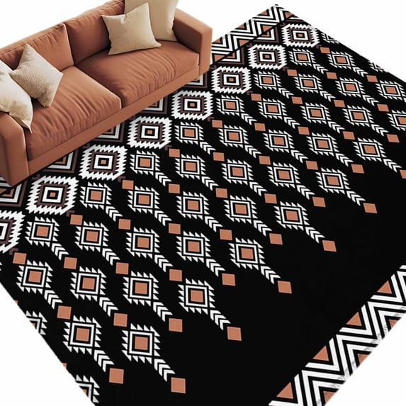 Black Boho Rhombus Area Rug 8x10 Washable Rug Non Slip Abstract Art ...