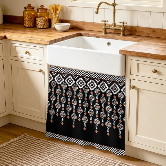 Black Boho Rhombus Cabinet Curtains 35"W x 35"L, Abstract Art Vintage ...