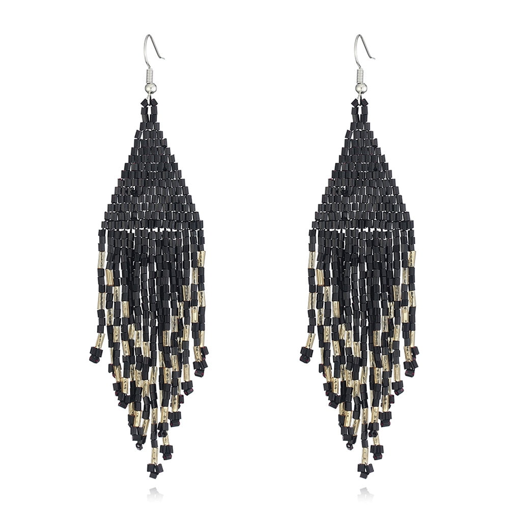 Black Boho Rice Beads Tassel Dangle Drop Earrings for Women Girls ...