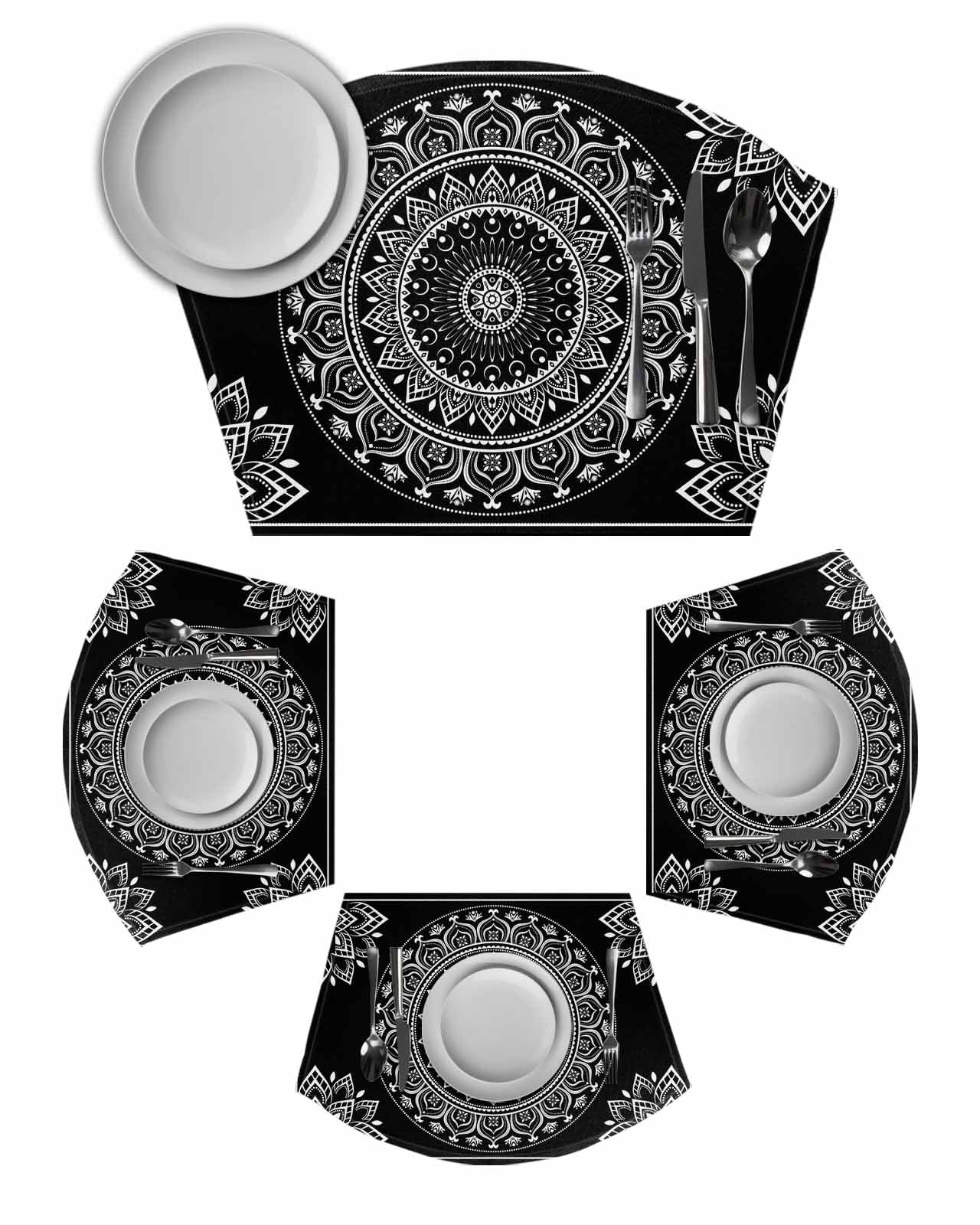 Black Boho Round Placemats Set of 2, Retro Farmhouse Neutral Abstract ...
