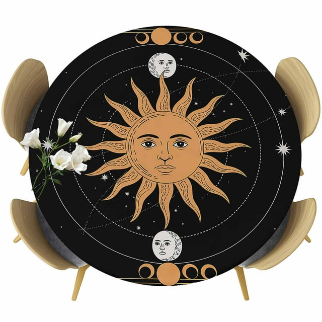 Black Boho Round Tablecloth 55-60 Inch Round Fitted Table Cloth with ...