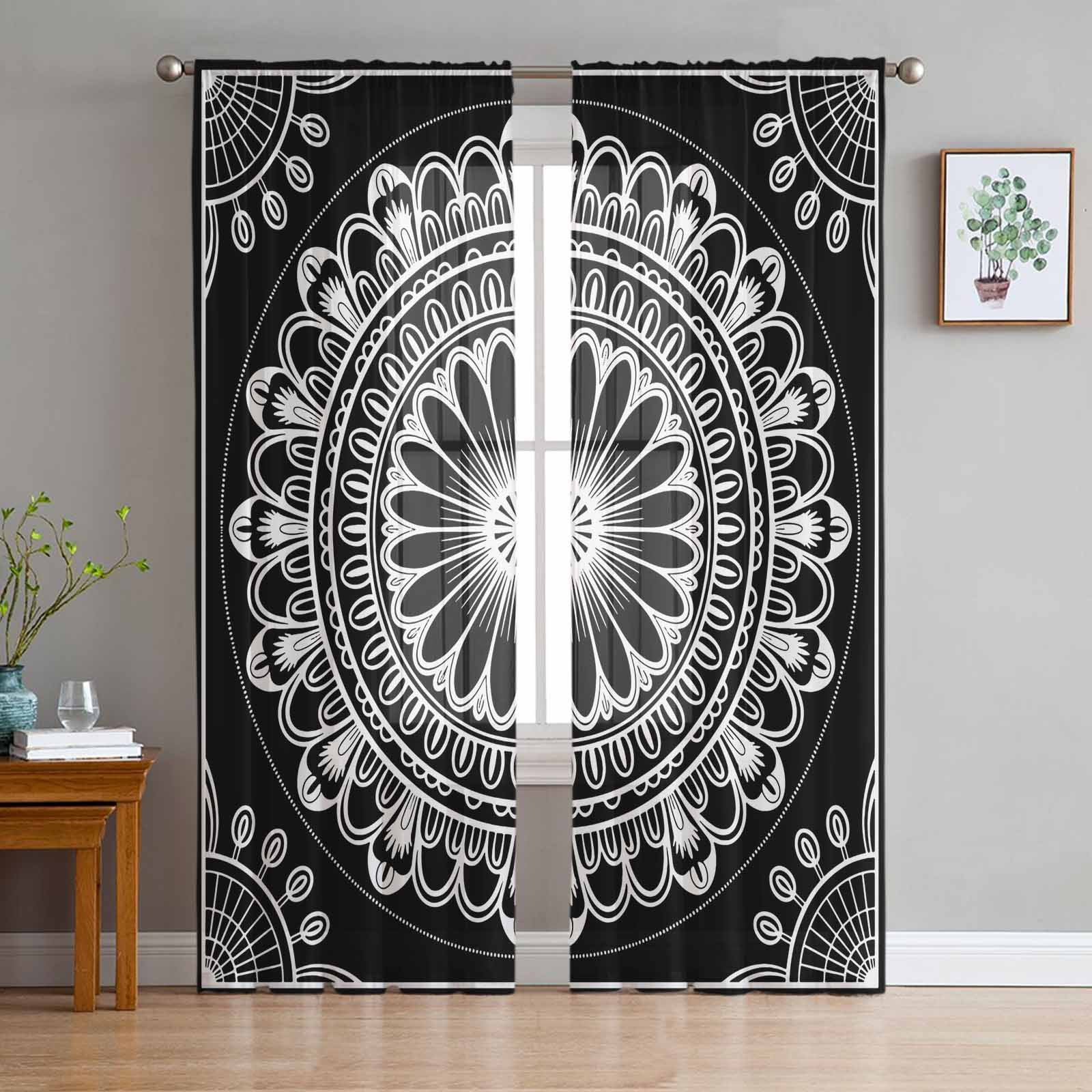 Black Boho Sheer Curtains 63 Inch Length 2 Panels Set, Semi Transparent ...