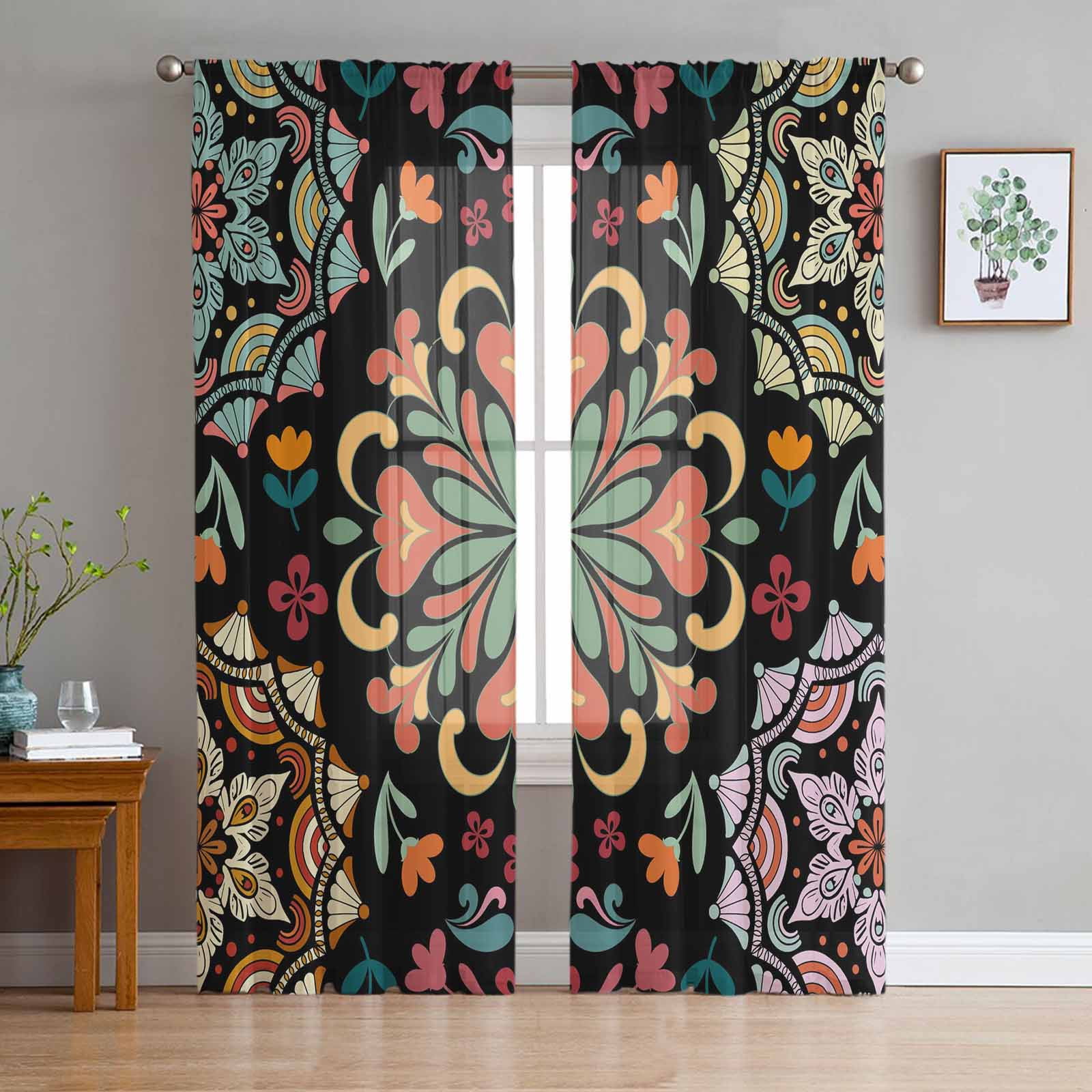 Black Boho Sheer Curtains 63 Inches Length 2 Panels Set, Window Sheer ...