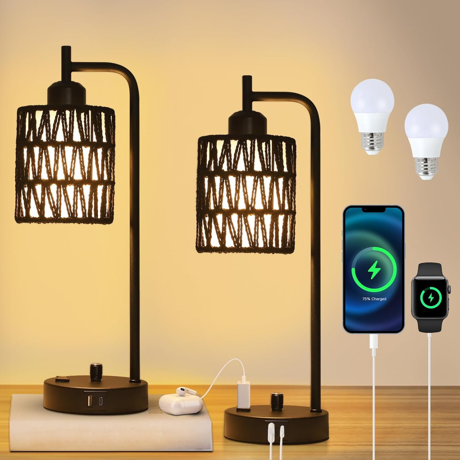 Black Table Lamps Set of 2 with LED Bulbs, Rattan Bedside Lamps for ...