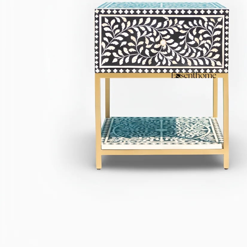 Black Bone Inlay Side Table – 24" Tall Floral Pattern Nightstand with 1 ...