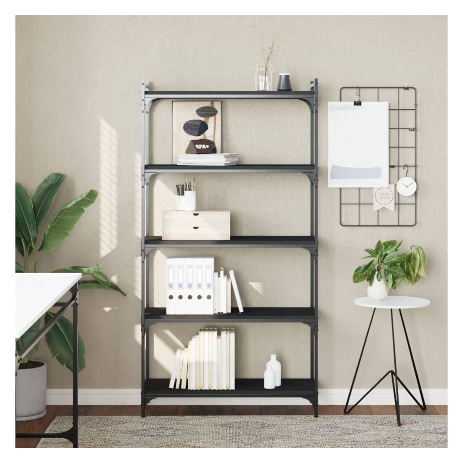 Black Bookcase 5-Tier Engineered Wood - Adjustable Shelves, Industrial ...